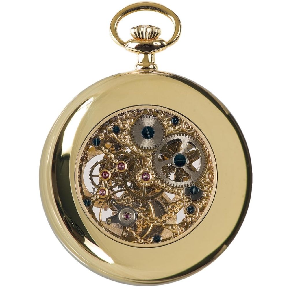 Dual Time Open Face Mechanical Gold Plated Skeleton Pocket Watch PW42 ...