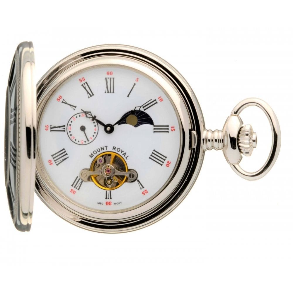 Chrome Plated Half Hunter Moondial Pocket Watch by Mount Royal B31CP ...